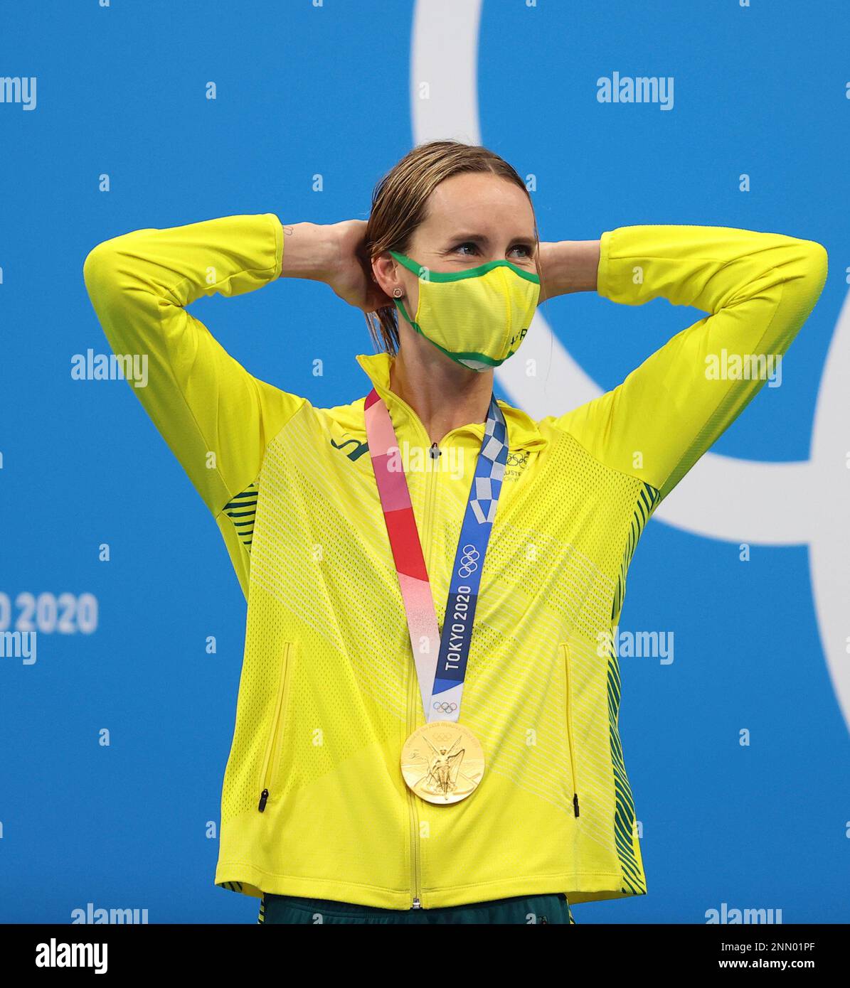 Australian McKEON Emma shows her gold medal during the awarding ...
