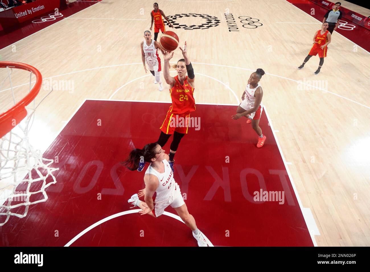 Spain's Laura Gil (24) shoots over Canada's Bridget Carleton (6) during ...