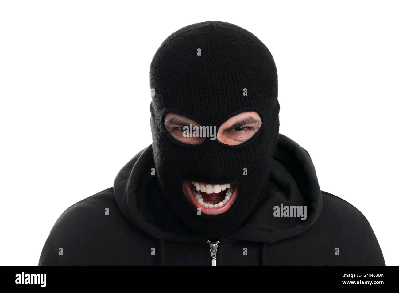 Man in black balaclava screaming on white background Stock Photo - Alamy