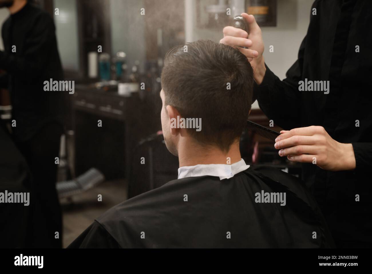 Professional hairdresser making stylish haircut in salon, back view ...