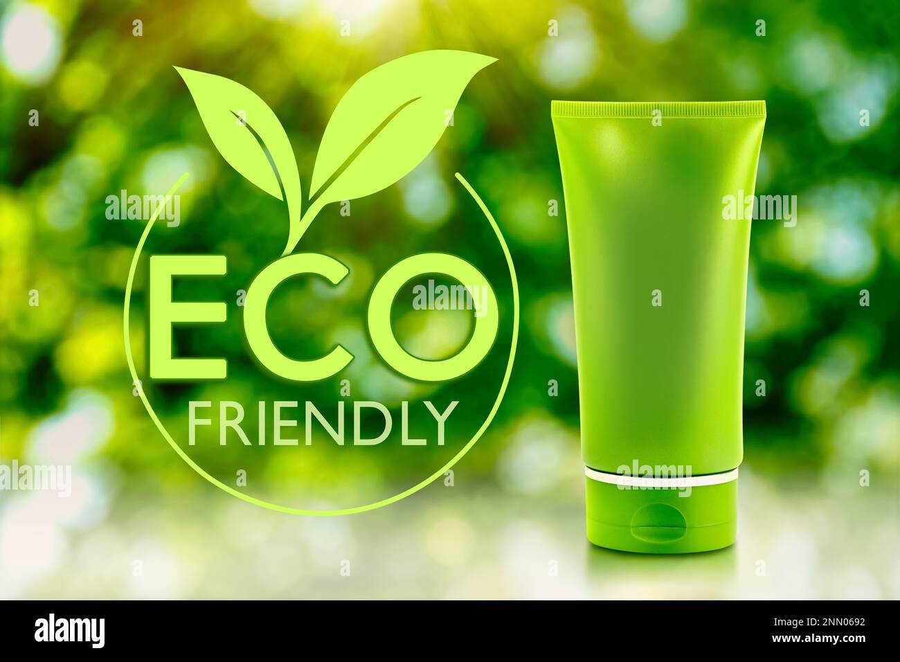 Organic eco friendly cosmetic product on green background, bokeh effect ...