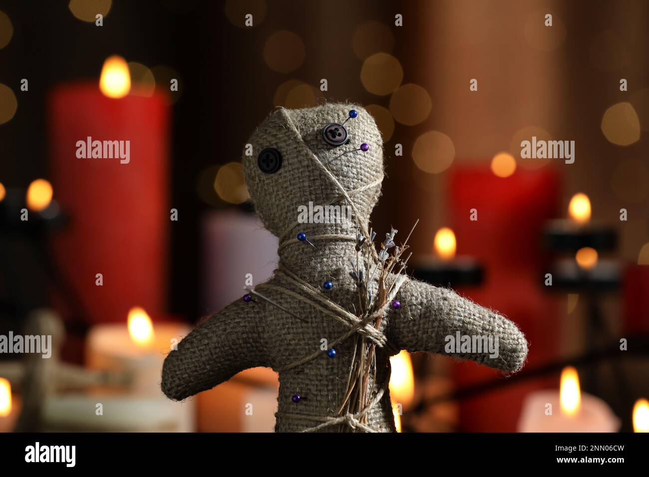 Voodoo doll with pins and dried flowers in dark room, closeup. Curse ...