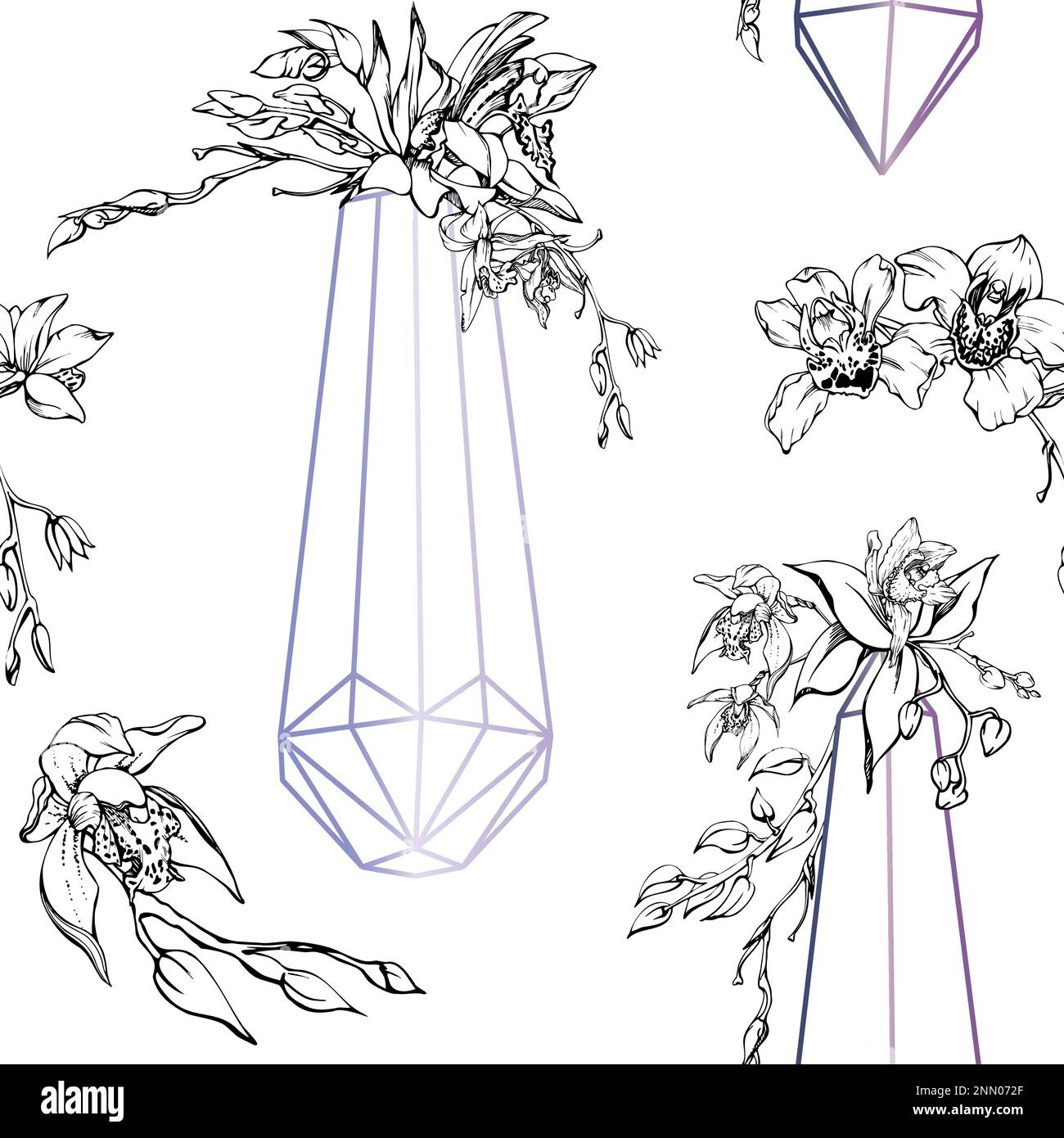 Hand drawn vector ink orchid flowers and branches, monochrome, detailed ...