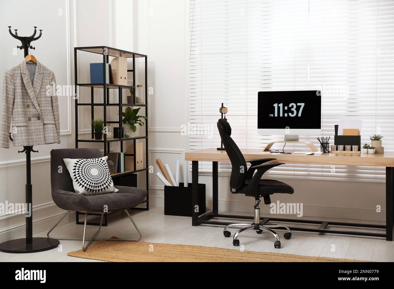 Home office interior with comfortable workplace near window Stock Photo ...