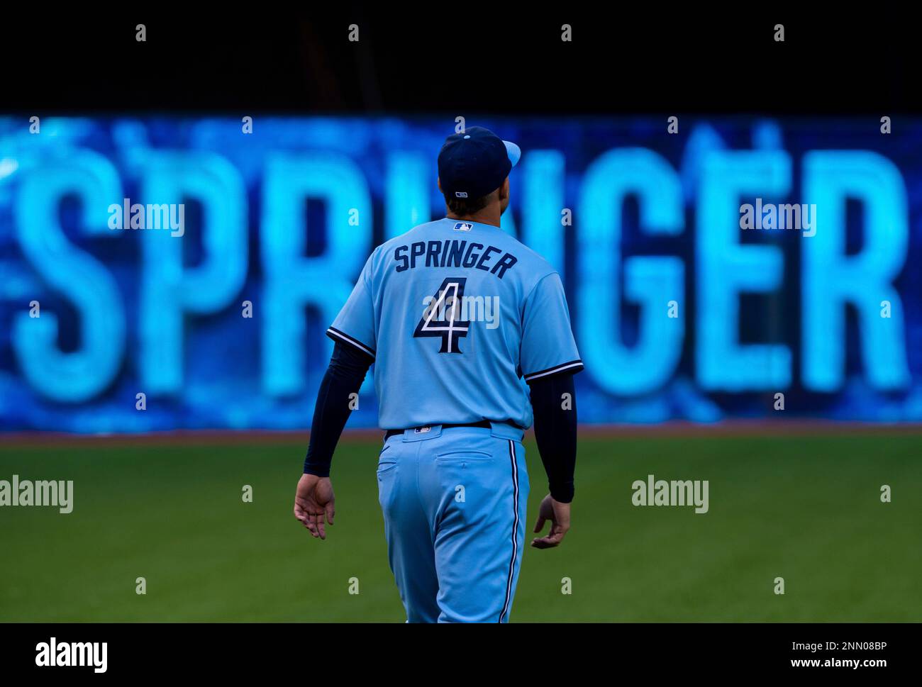 TORONTO, ON - JULY 30: George Springer #4 of the Toronto Blue Jays sets ...