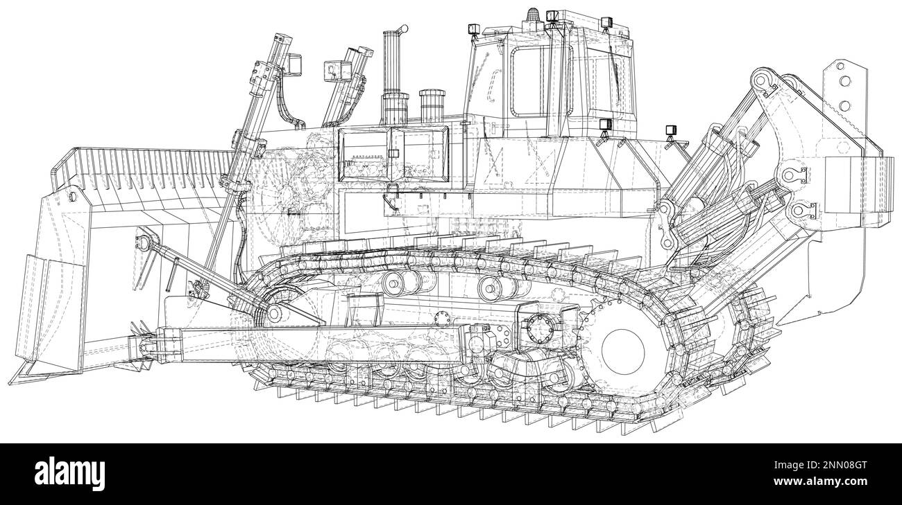 Vector Wire-frame Bulldozer. The layers of visible and invisible lines ...