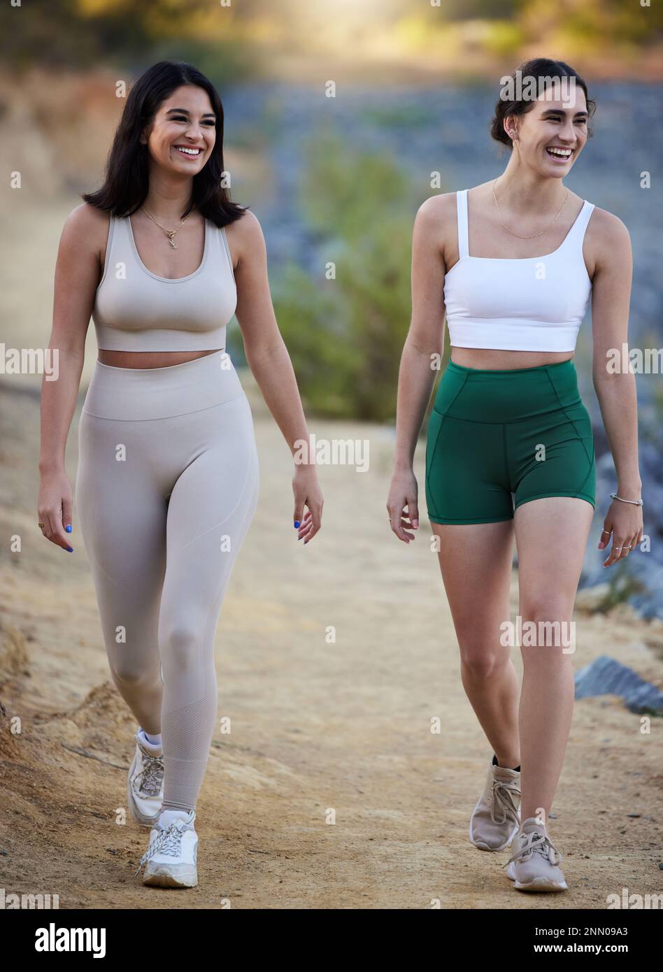 Fitness, hiking and women with smile, mountains and bonding with ...