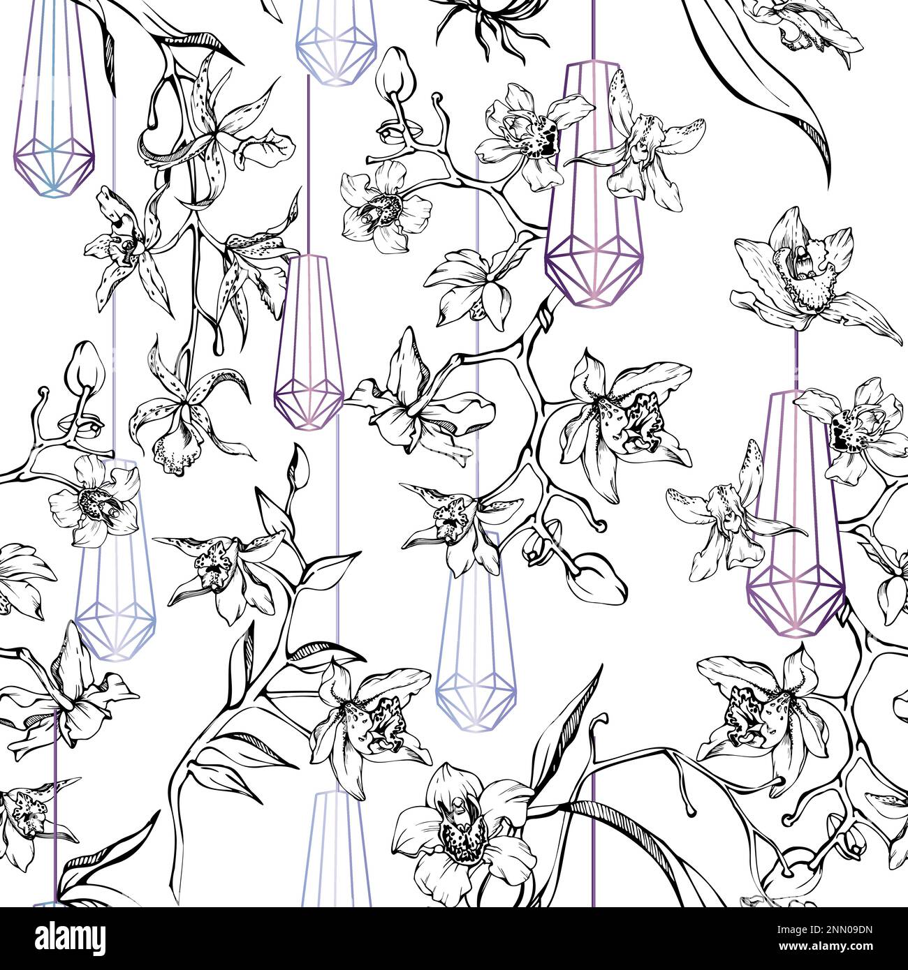 Hand drawn vector ink orchid flowers and branches, monochrome, detailed ...