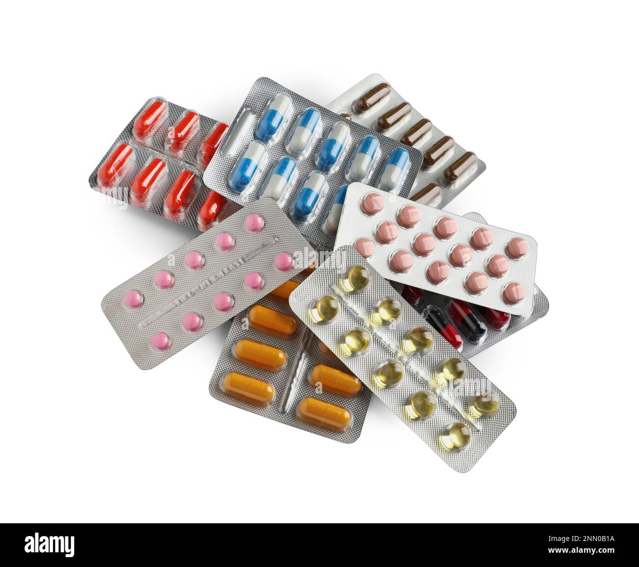 Pile of different pills in blister packs on white background Stock ...