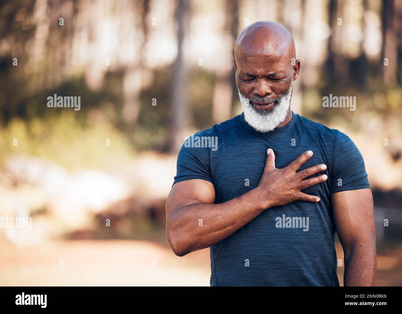 Black man, heart attack and health for outdoor exercise, park and ...