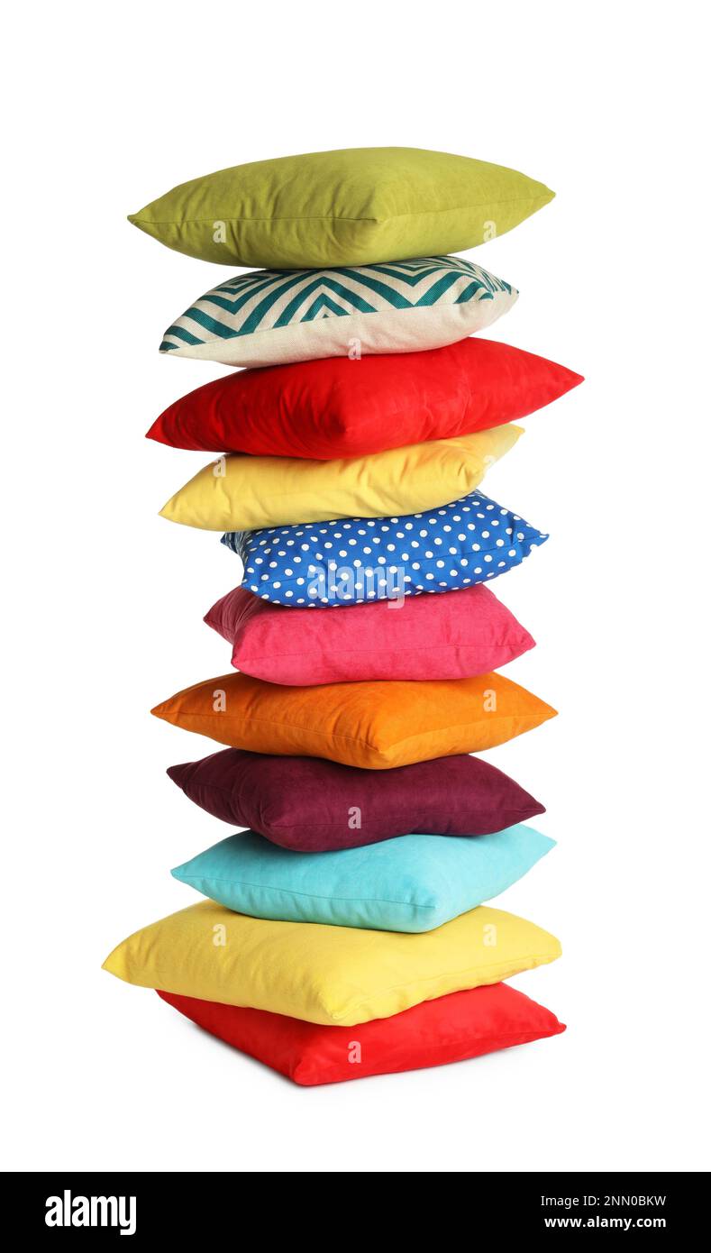 Stack of colorful decorative pillows on white background Stock Photo ...
