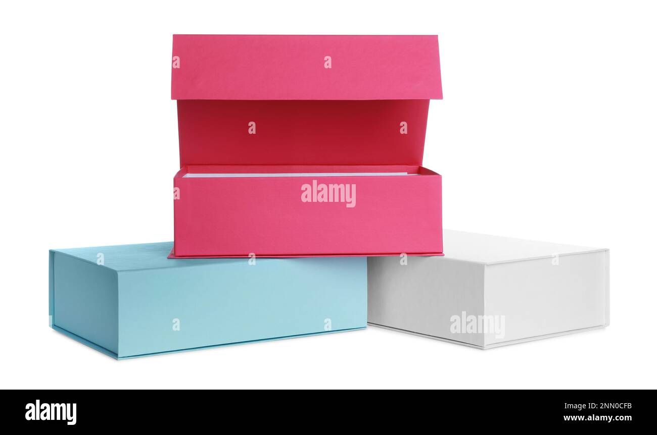 Stack of colorful shoe boxes on white background Stock Photo - Alamy
