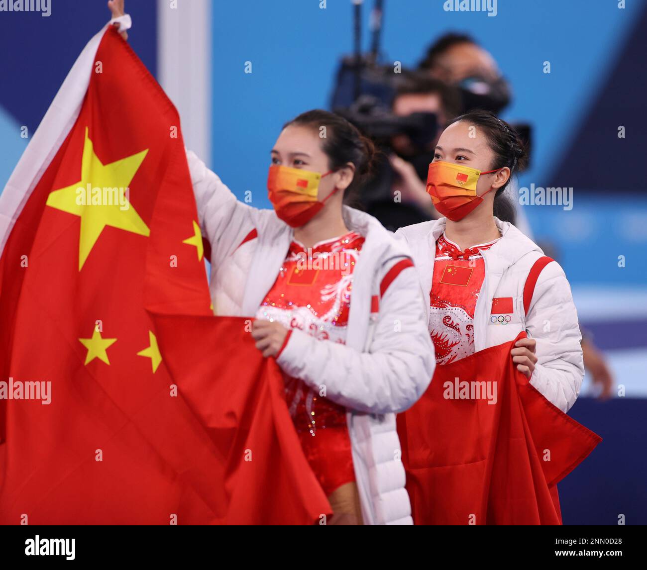 Chinese trampoline gymnast ZHU Xueying (L), gold, and LIU Lingling ...