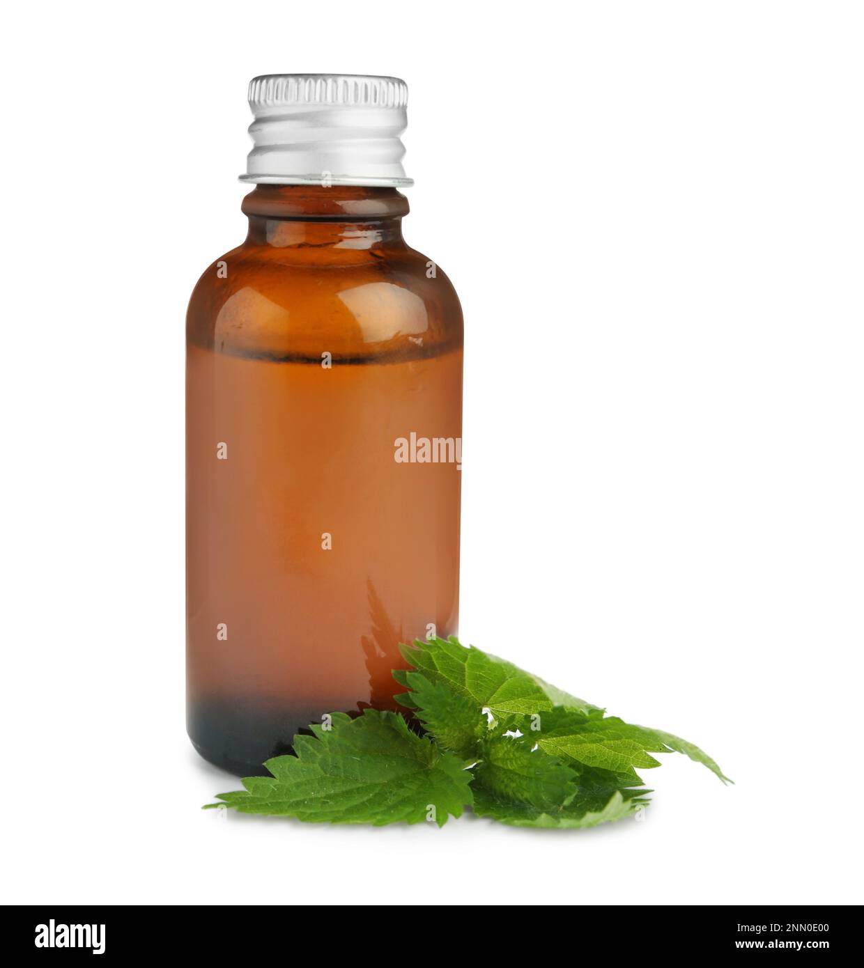 Glass bottle of nettle oil with leaves isolated on white Stock Photo ...