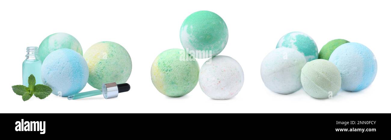 Set with aromatic bath bombs on white background. Banner design Stock ...