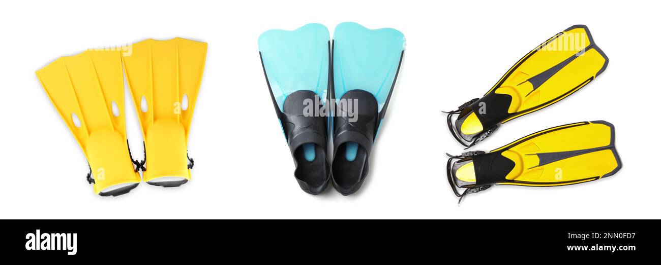 Set with different flippers on white background, top view. Banner ...