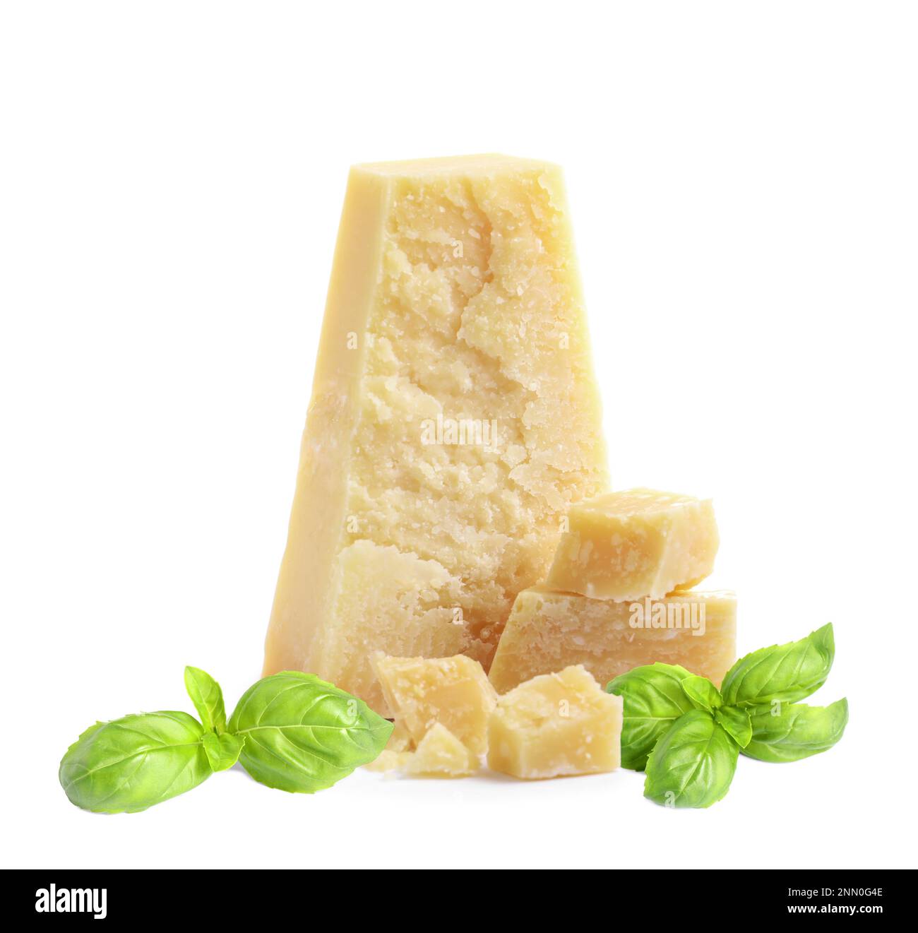 Delicious parmesan cheese and basil on white background Stock Photo - Alamy