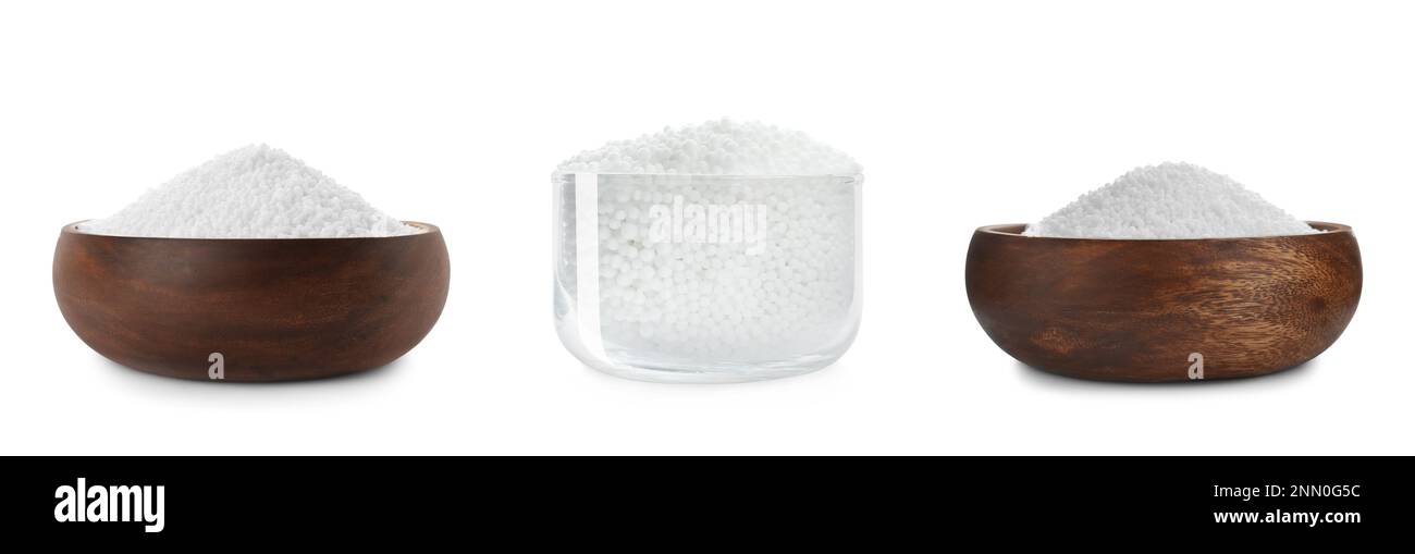 Set with ammonium nitrate pellets on white background, banner design ...