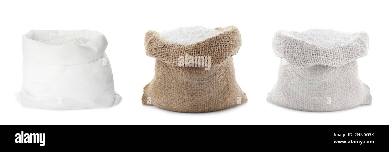 Set with ammonium nitrate pellets in bags on white background, banner ...
