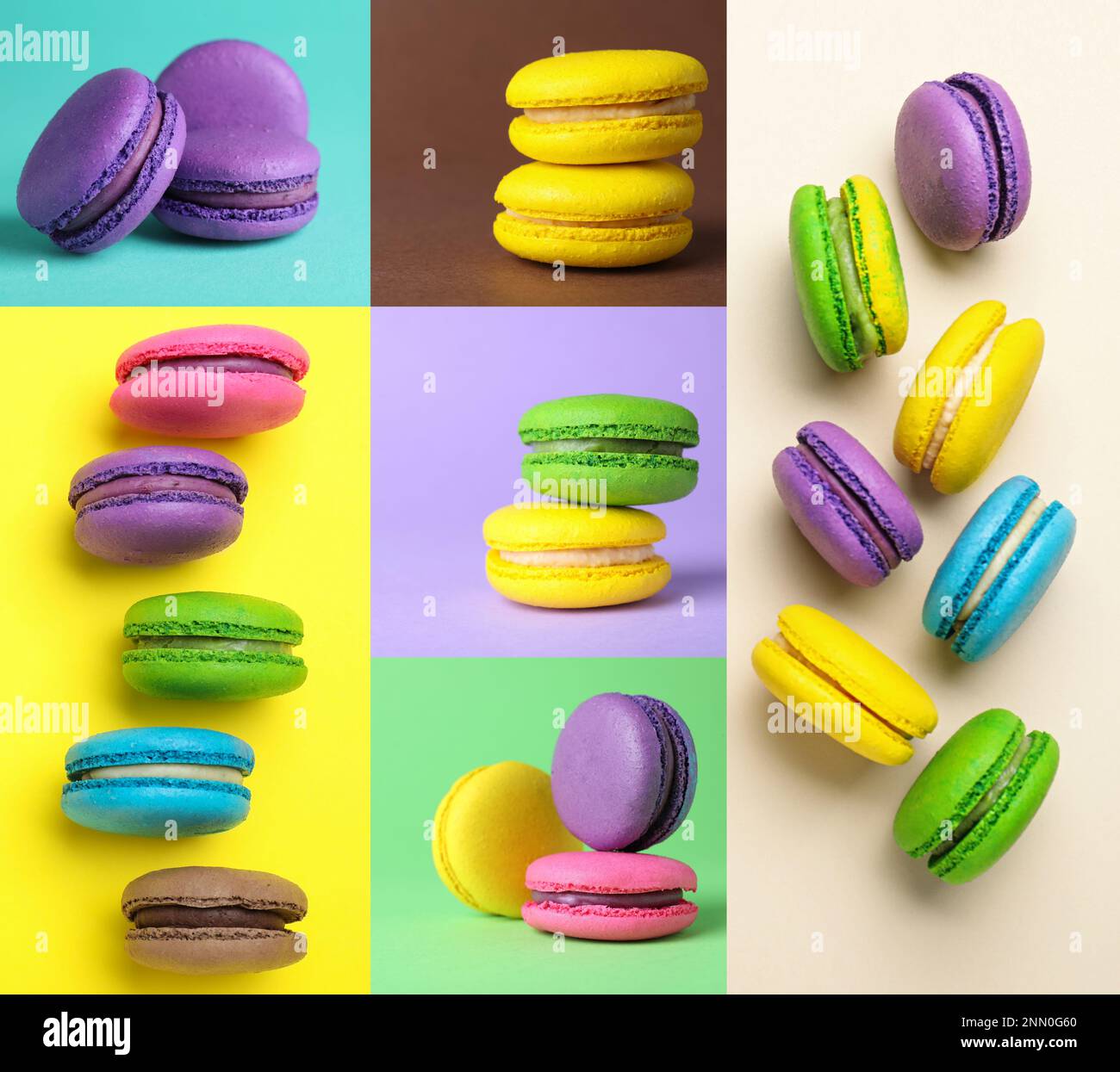 Collage with photos of delicious macarons on different color ...