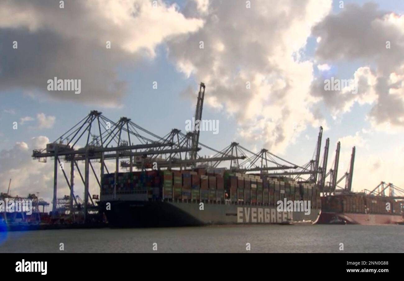 In this grab taken from RTL video, a view of huge container ship, Ever ...