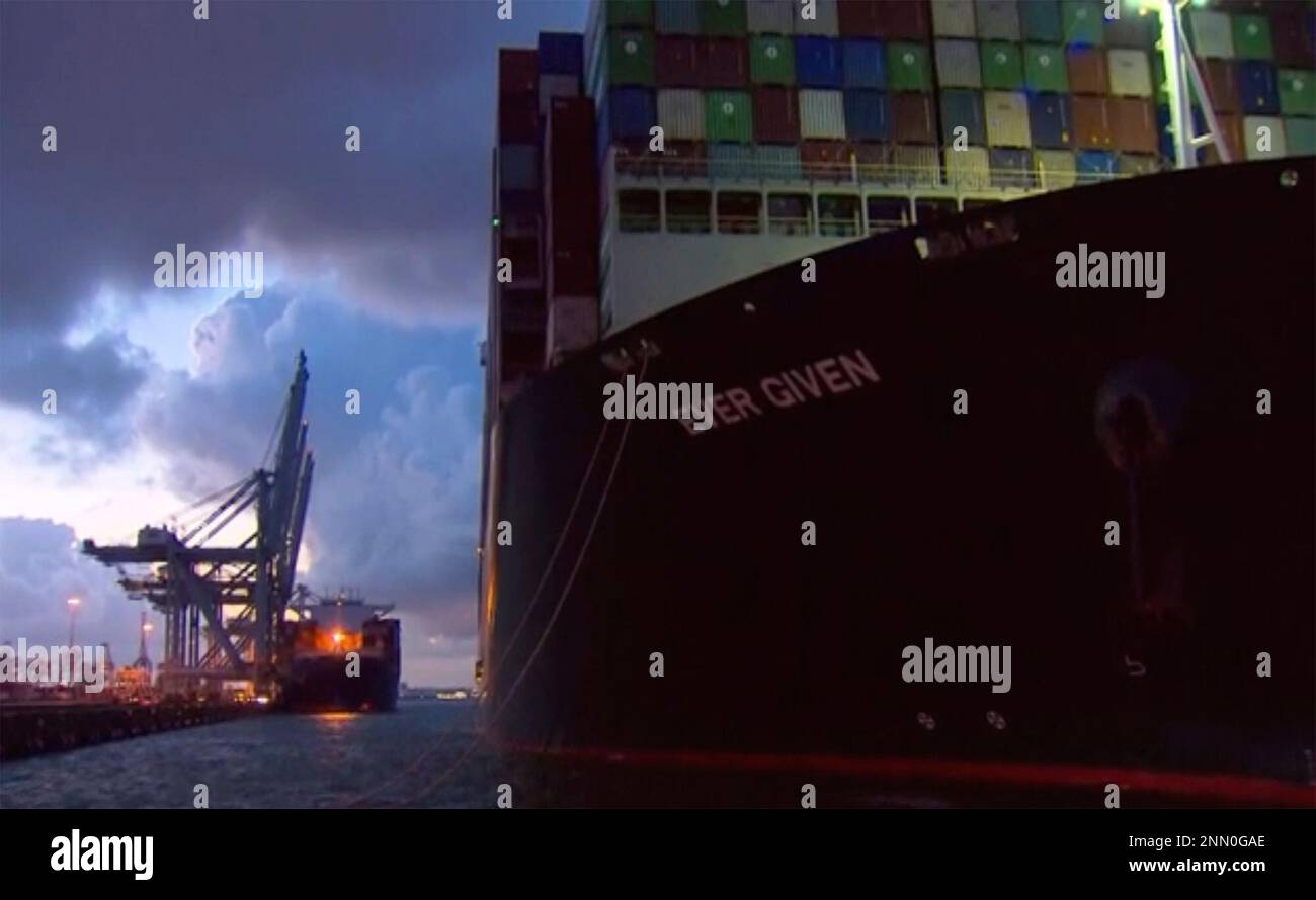 In this grab taken from RTL video, a view of huge container ship, Ever ...