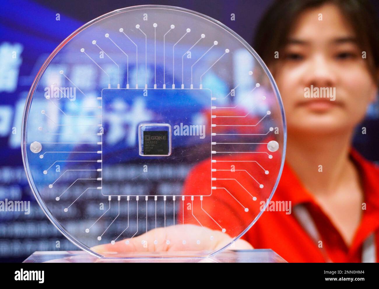 An exhibitor shows a memory chip developed by Goke Microelectronics at ...