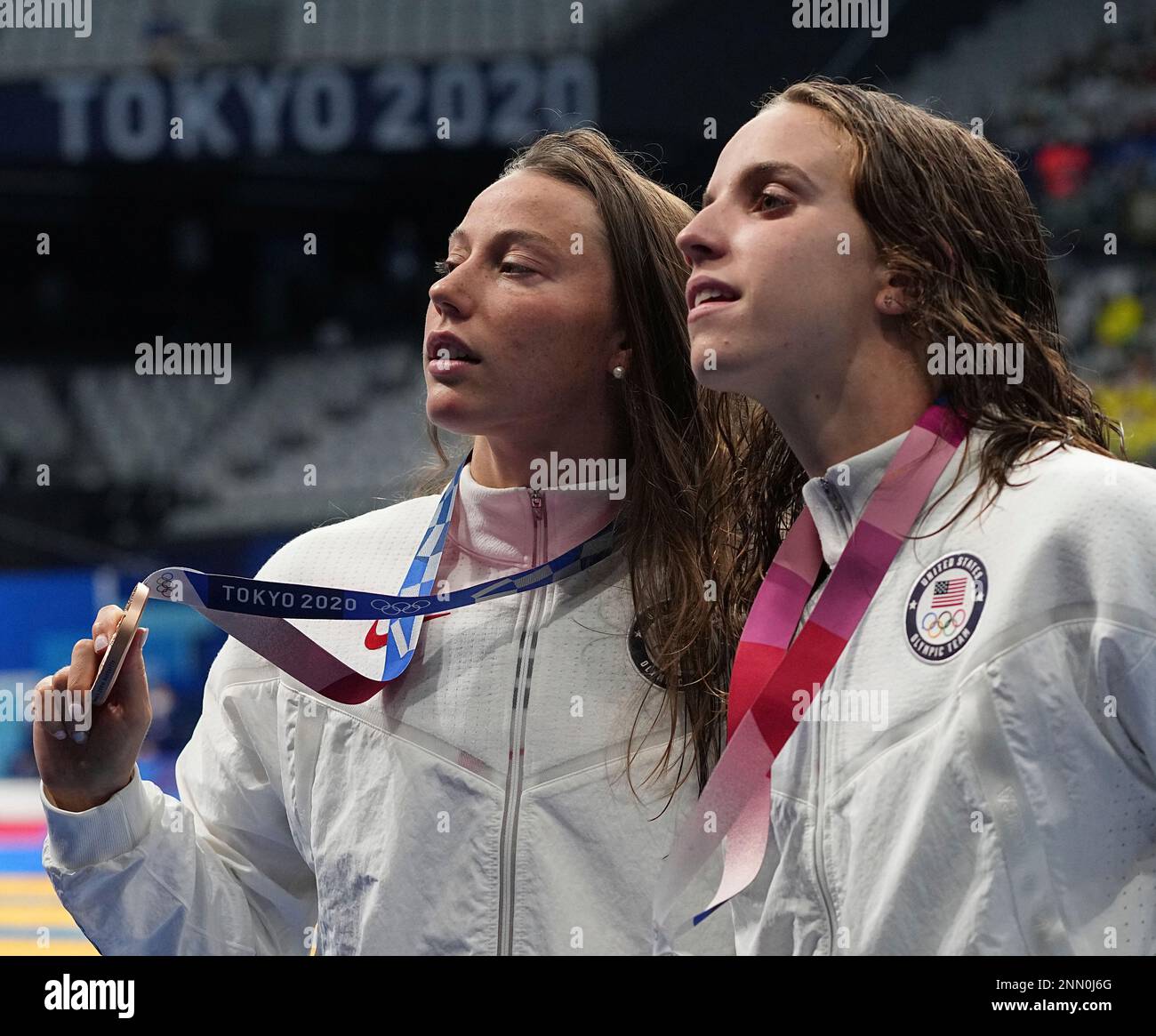 Smith Regan (L), silver and Flickinger Hali, bronze, show their medals ...
