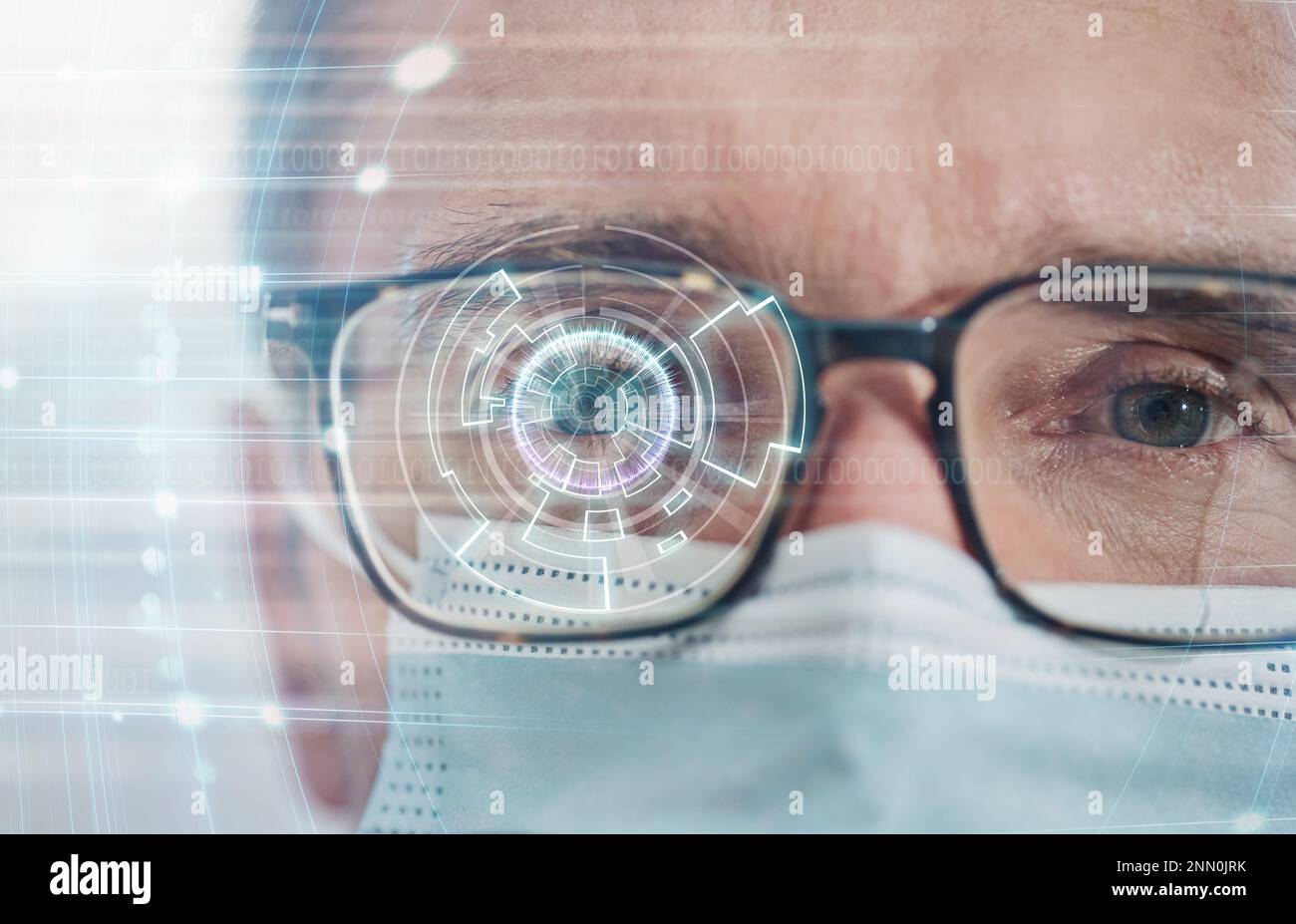 Man, face and biometric glasses eye scanner for, cyber security or ...