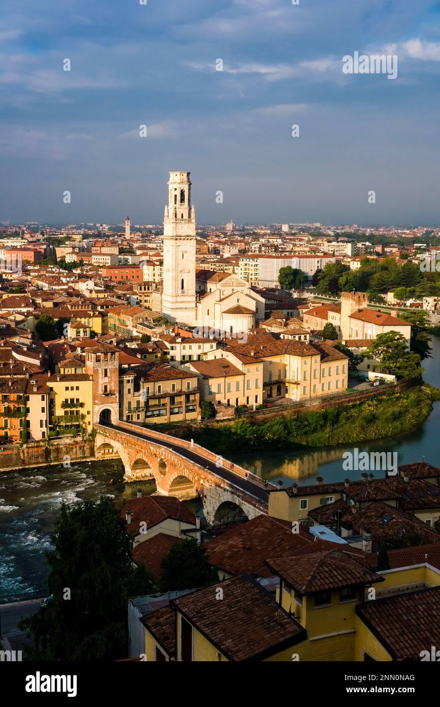 Aerial view on the historical center of Verona with building and tower ...