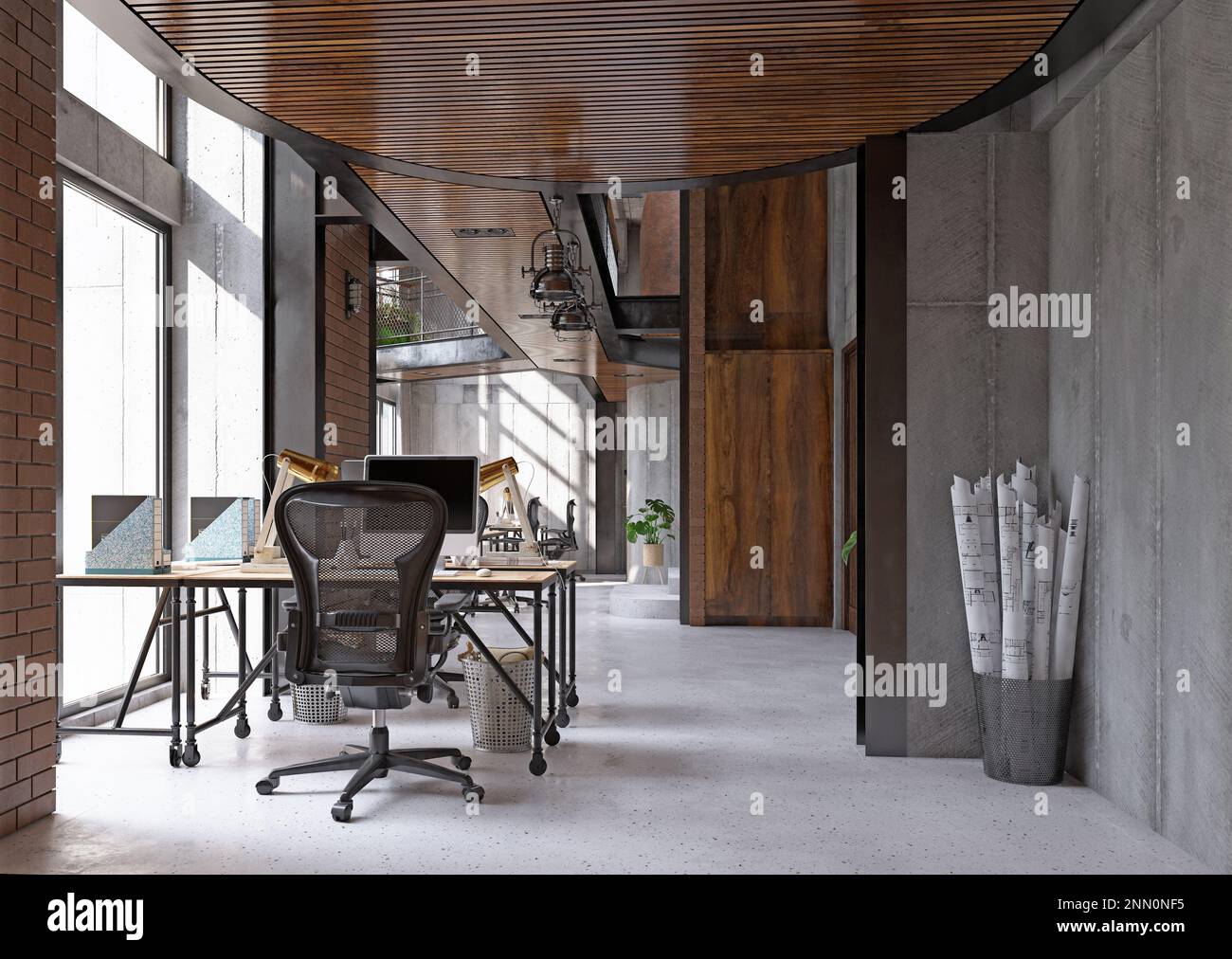 Modern office . Loft style . 3D Render Stock Photo - Alamy