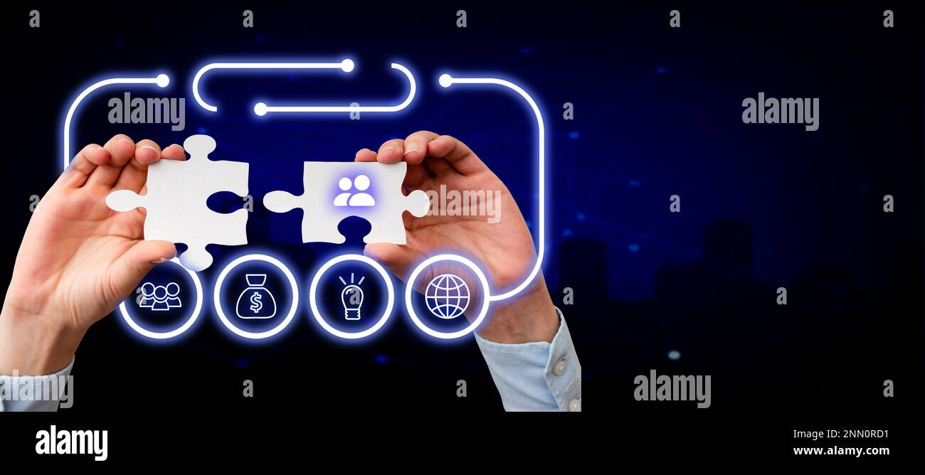 Two Hands Holding Jigsaw Puzzle Piece with New Futuristic Technologies ...