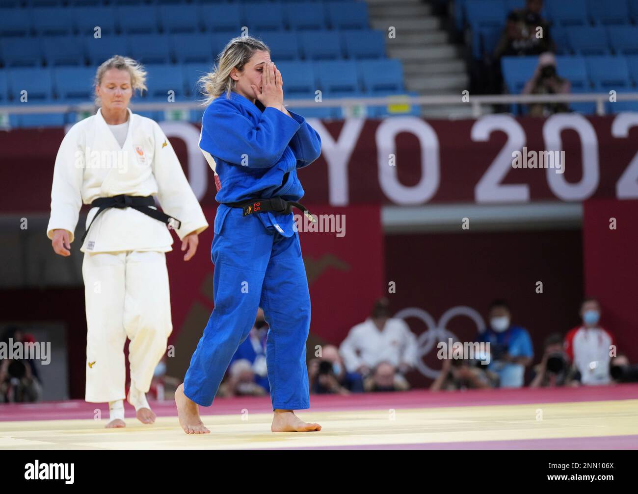 Italy's CENTRACCHIO Maria (R) reacts after winning the Women -63 kg ...