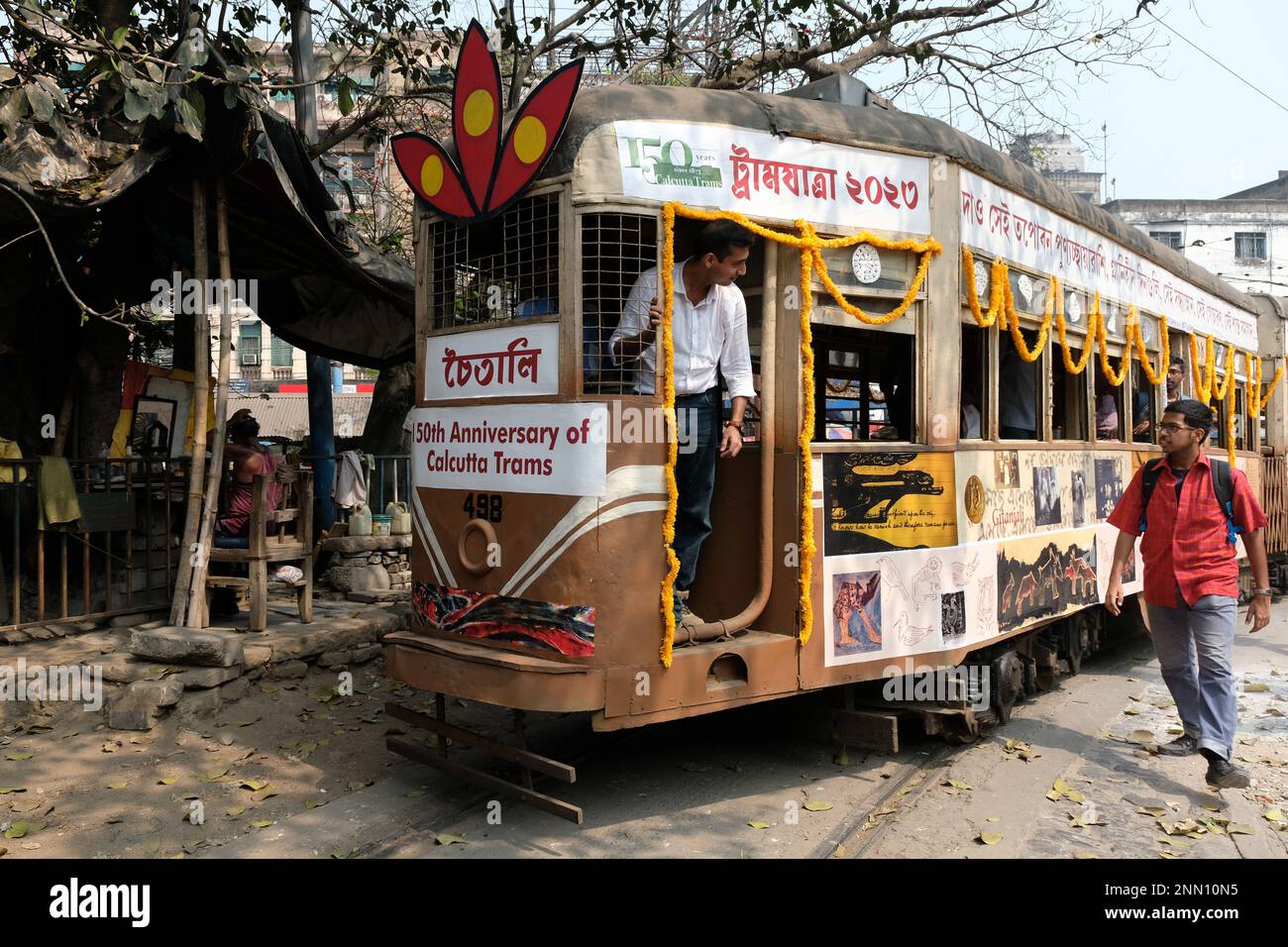 Kolkata, India. 24th Feb, 2023. View of a decorated heritage tram in ...