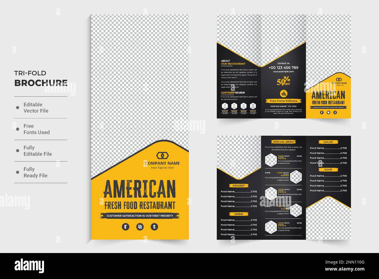 Culinary food menu tri fold brochure design with yellow and dark colors ...