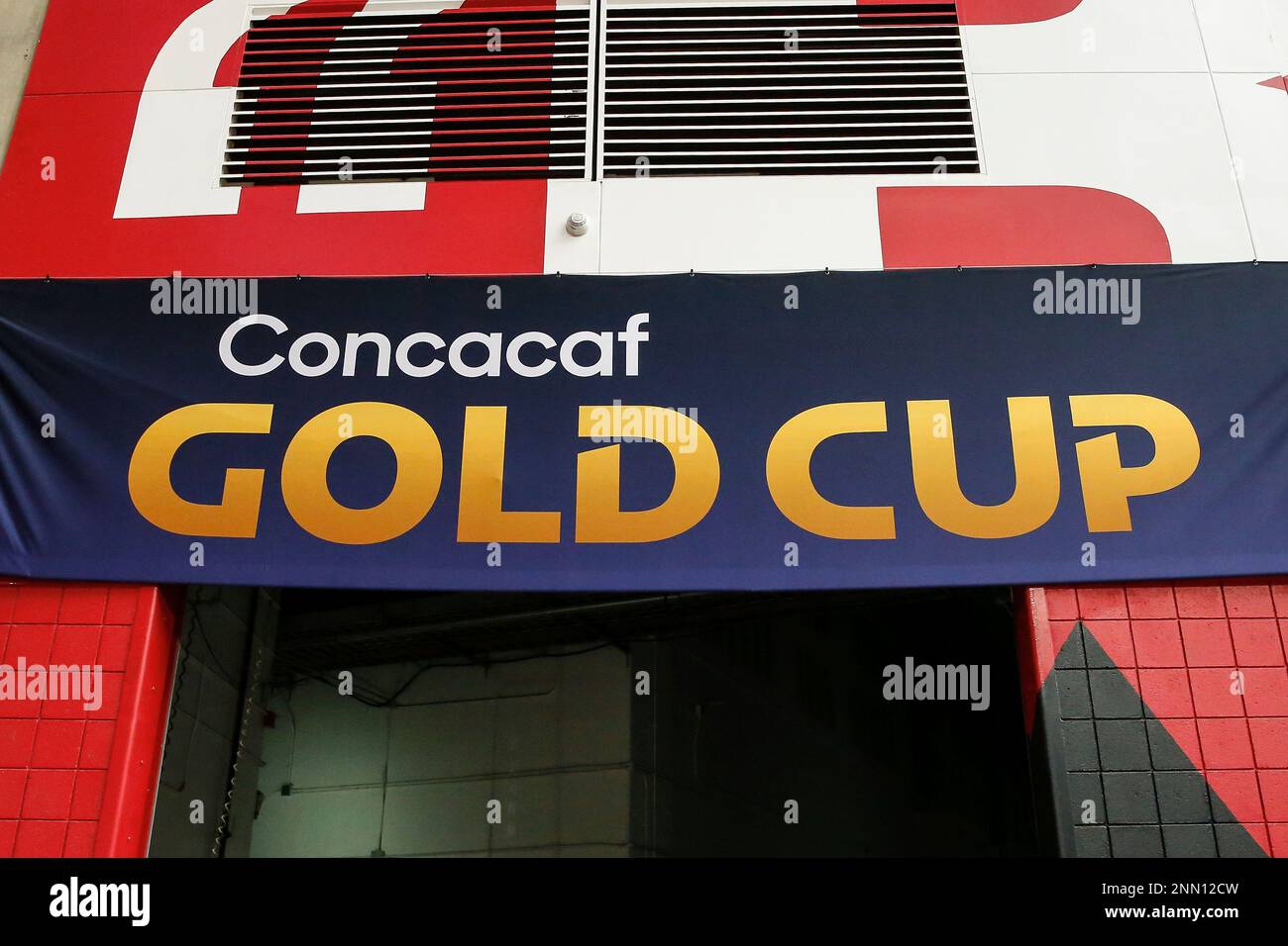 GLENDALE, AZ - JULY 24: The Concacaf Gold Cup logo on a banner before ...