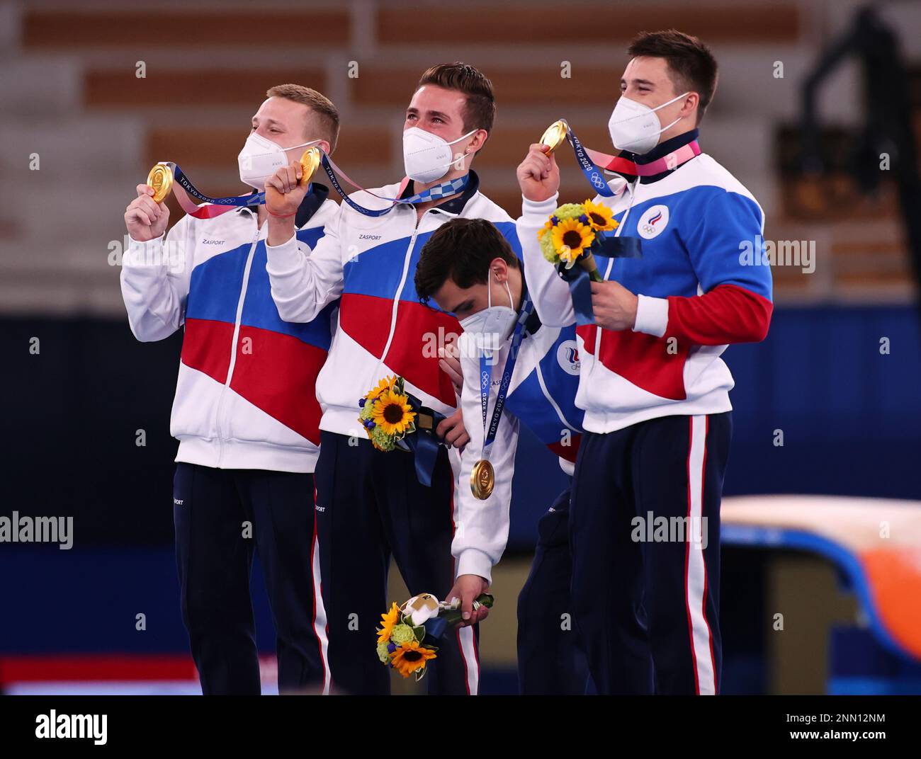 Team ROC's athletes celebrate on the podium of the Artistic Gymnastics ...