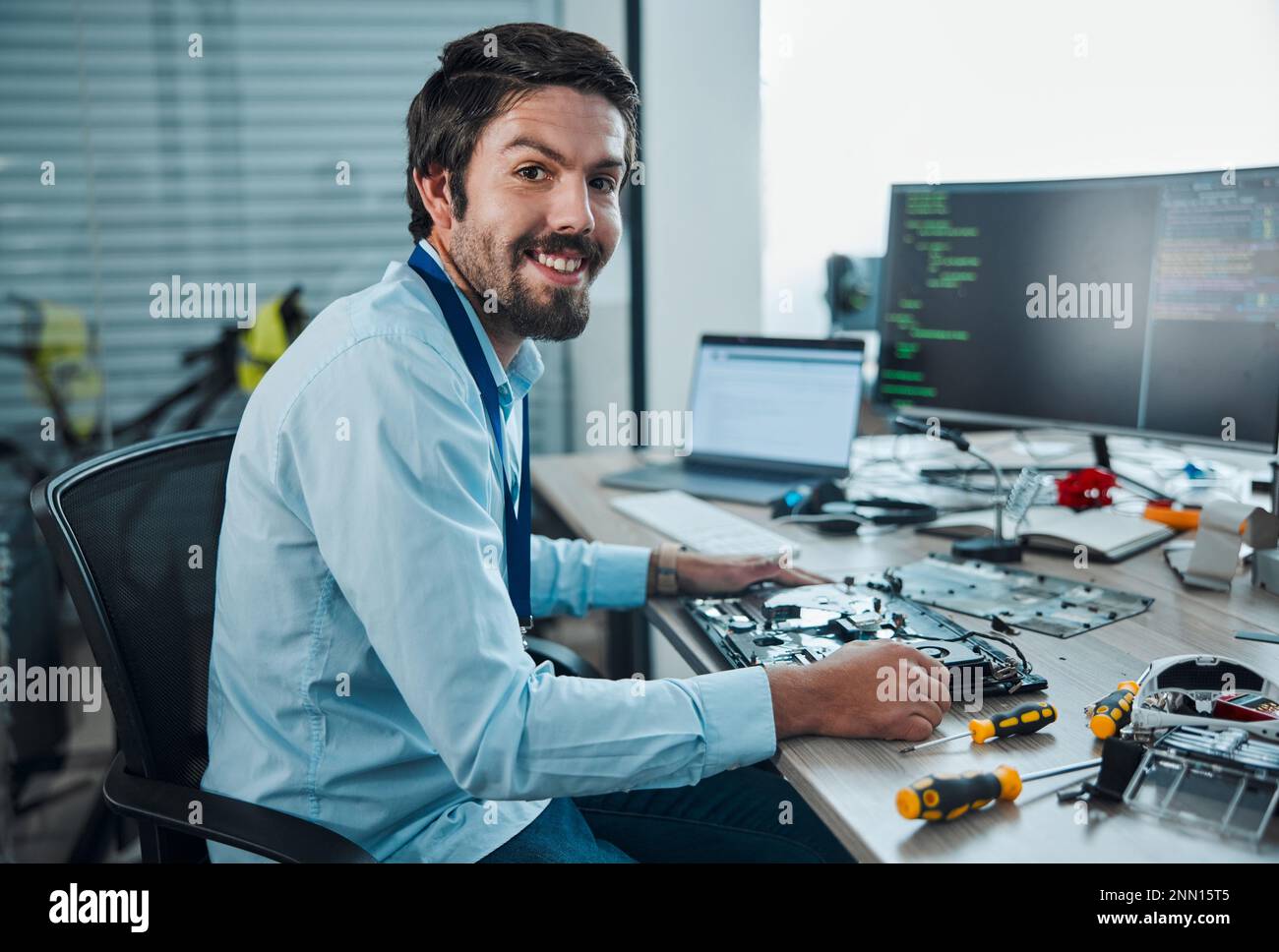 Information technology portrait, motherboard circuit and man repair ...