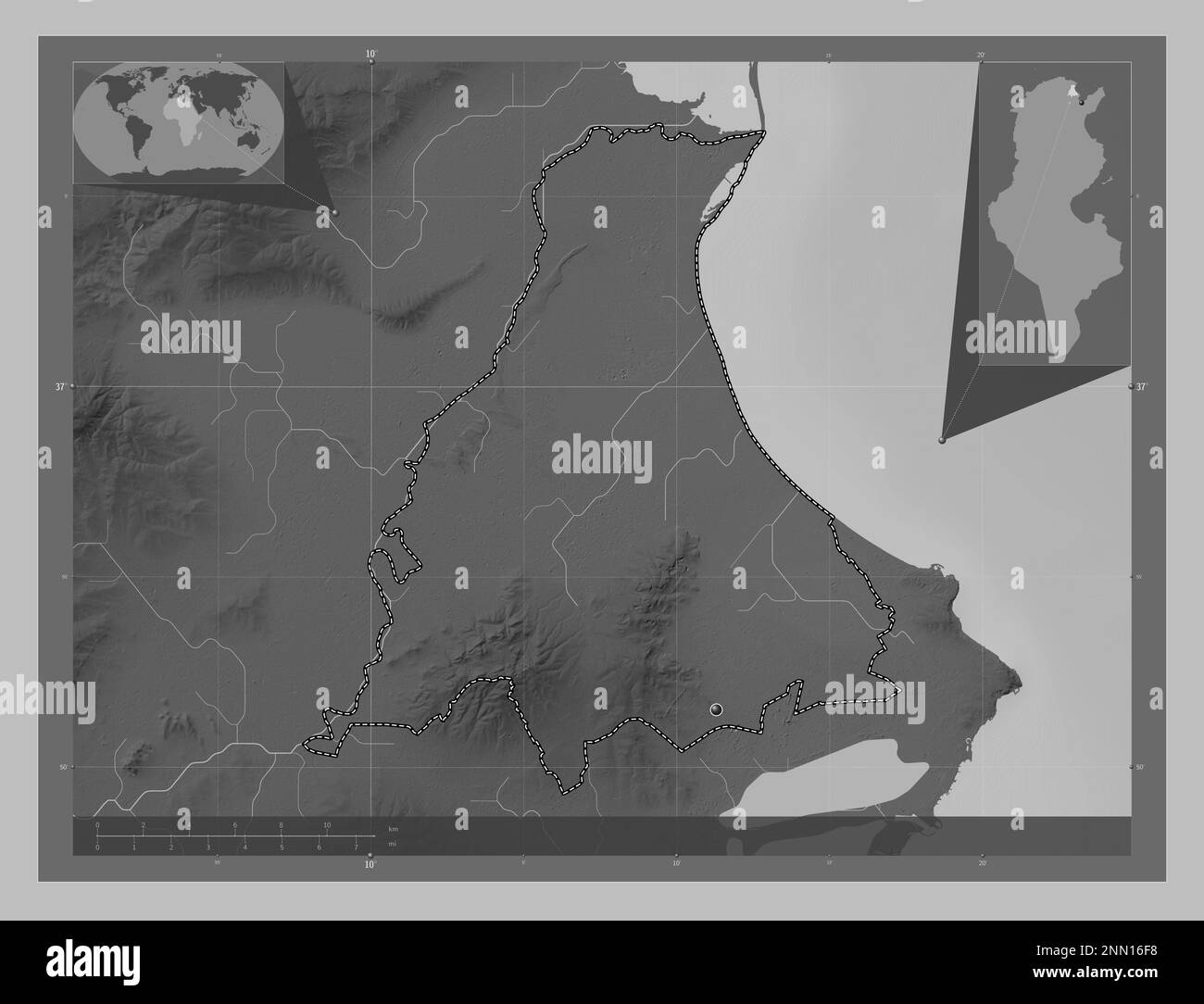 Ariana, governorate of Tunisia. Grayscale elevation map with lakes and ...