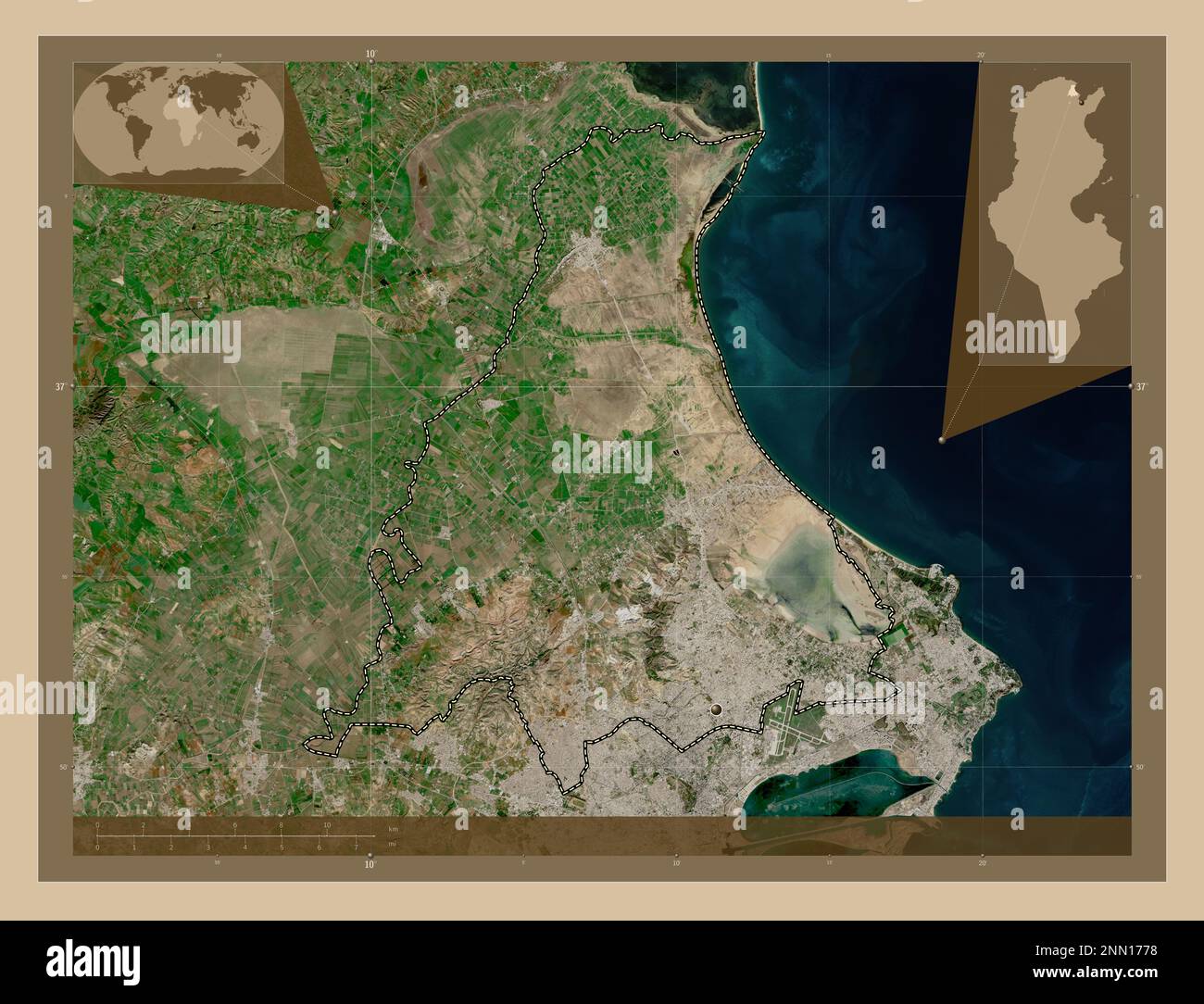 Ariana, governorate of Tunisia. Low resolution satellite map. Locations ...