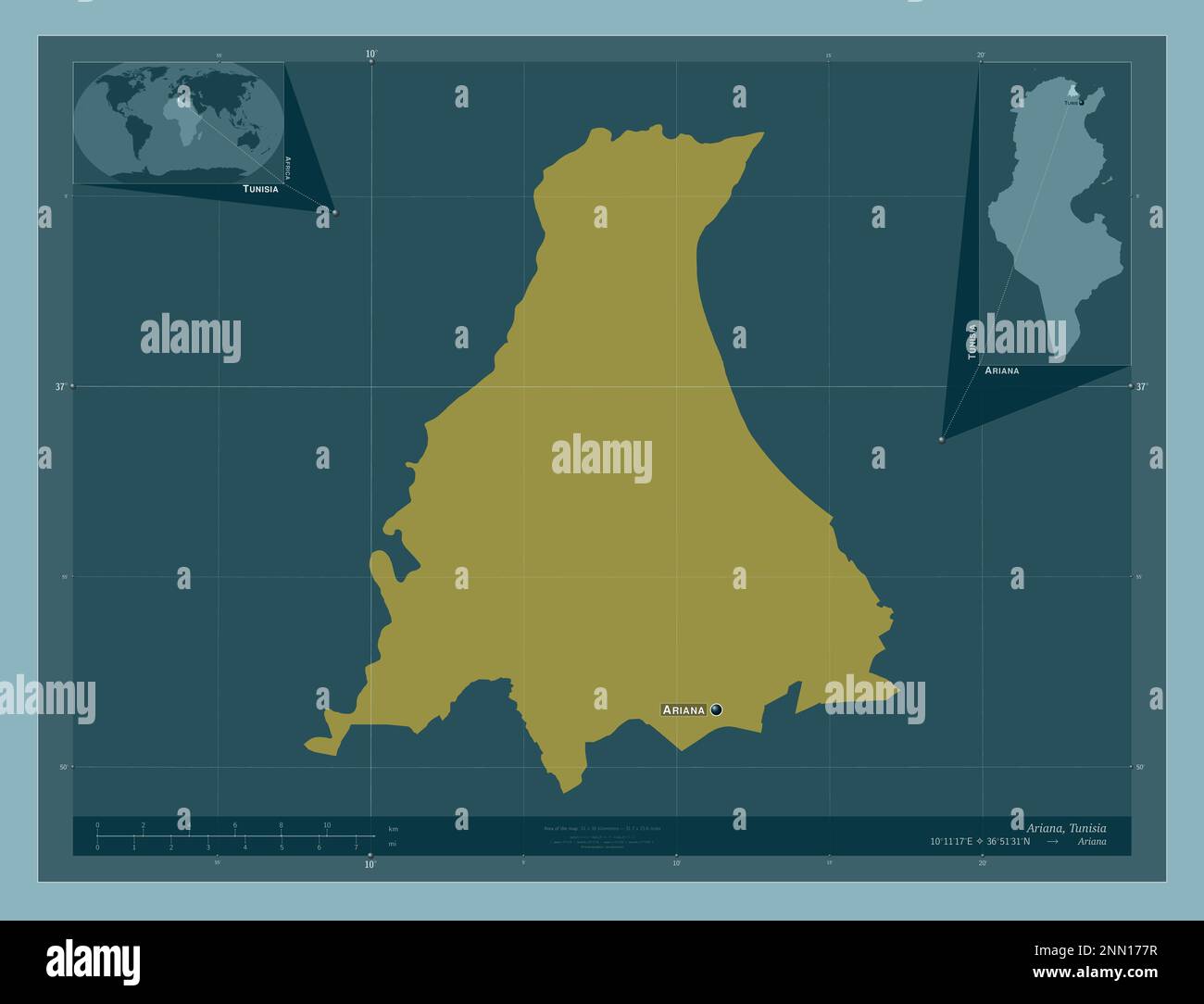 Ariana, governorate of Tunisia. Solid color shape. Locations and names ...