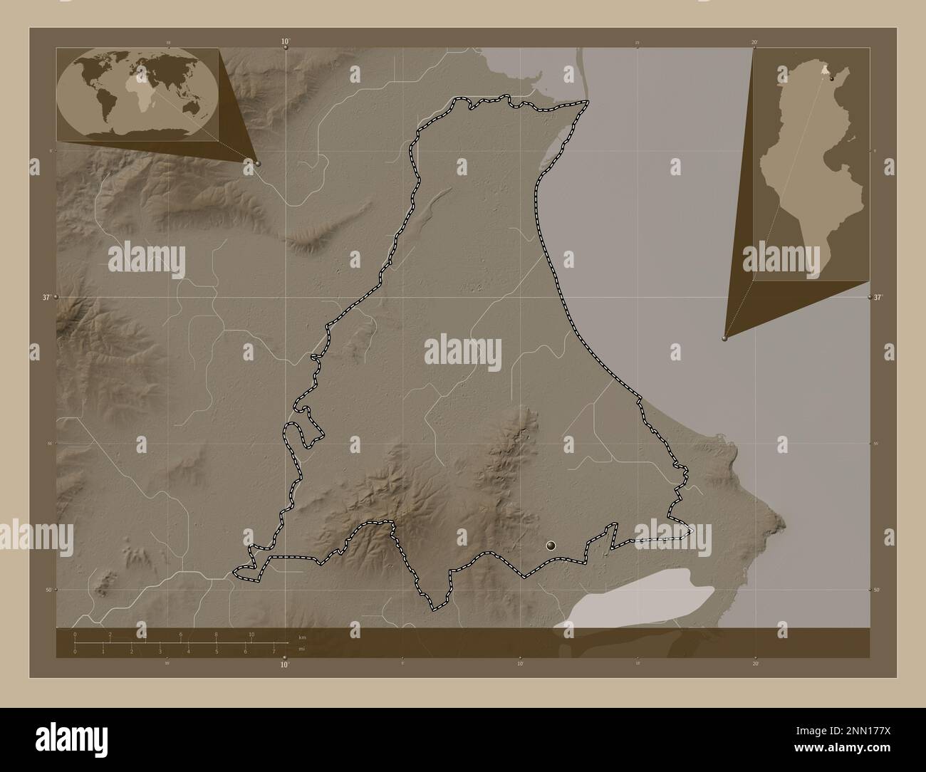 Ariana, governorate of Tunisia. Elevation map colored in sepia tones ...