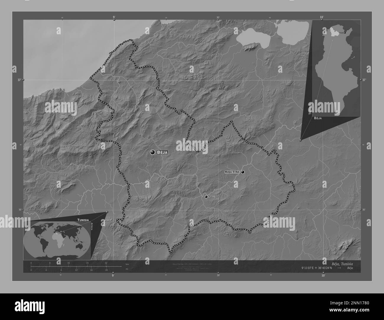 Beja, governorate of Tunisia. Bilevel elevation map with lakes and ...