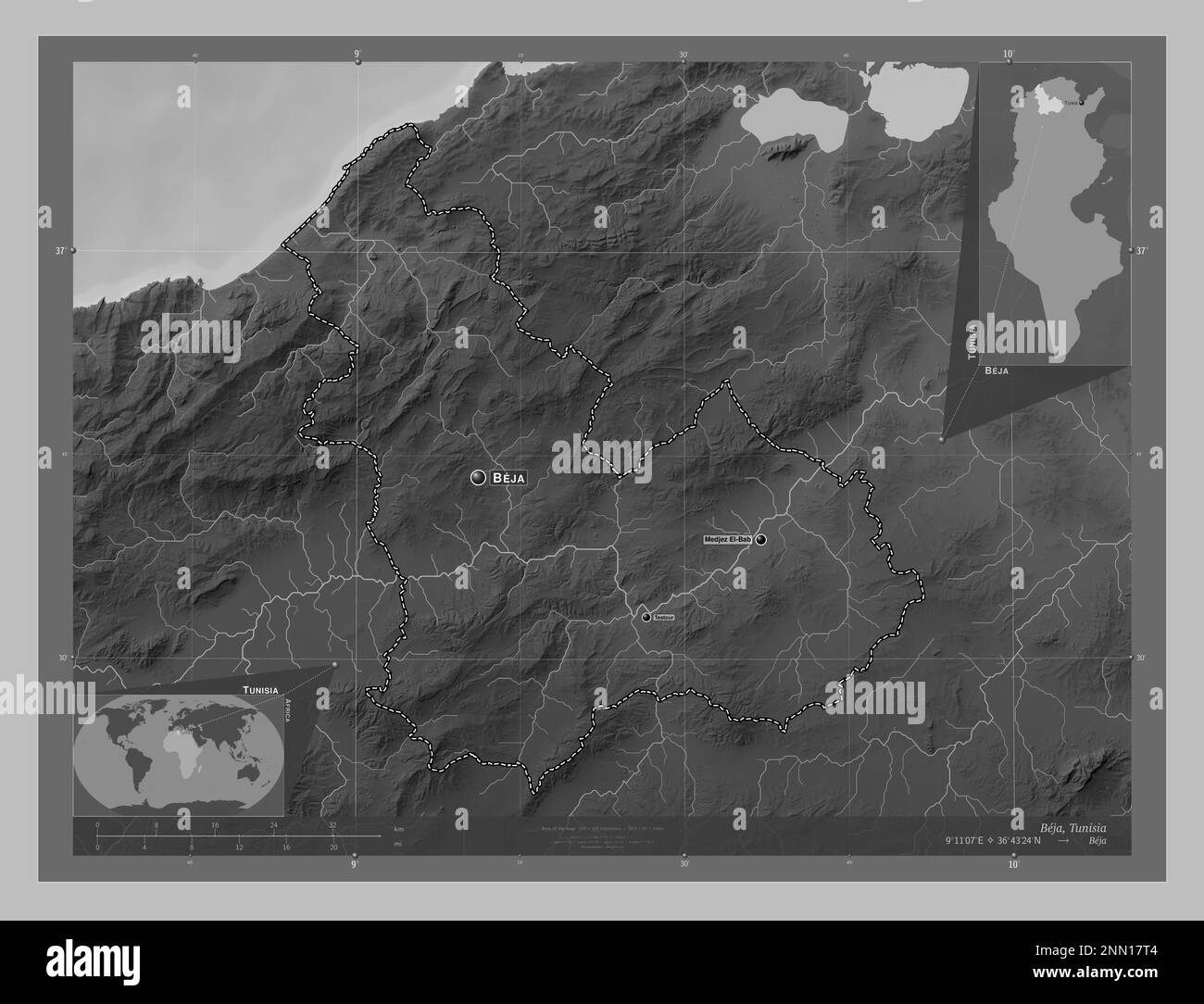 Beja, governorate of Tunisia. Grayscale elevation map with lakes and ...