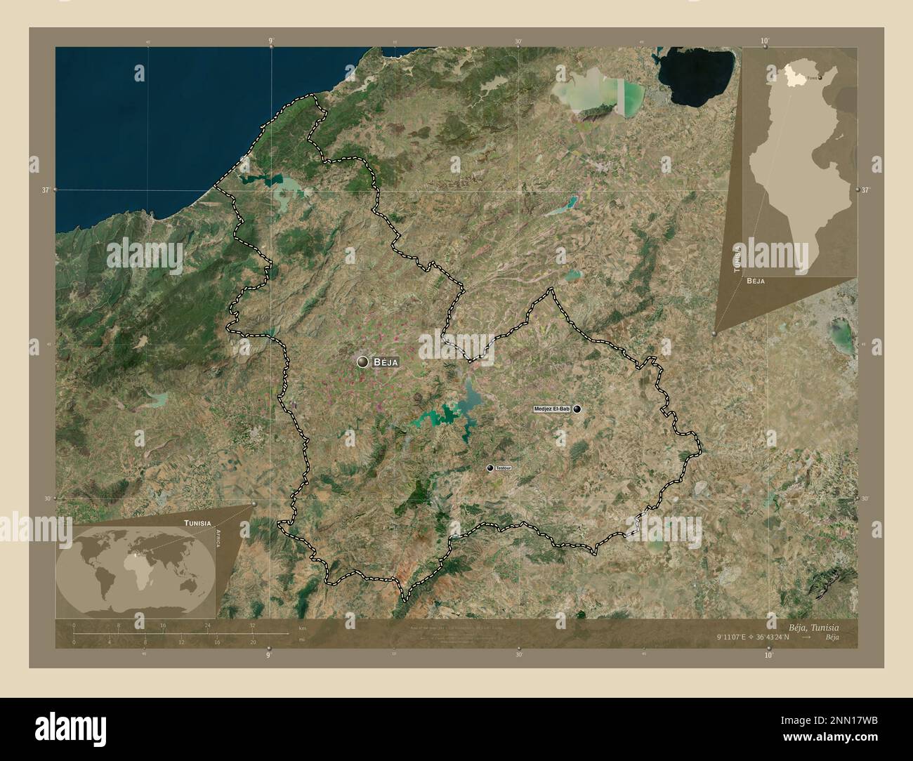 Beja, governorate of Tunisia. High resolution satellite map. Locations ...
