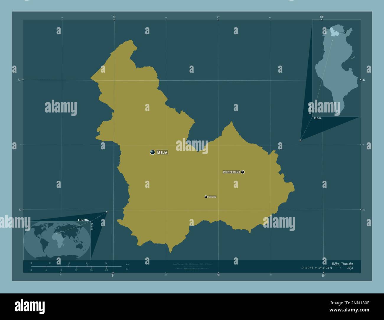 Beja, governorate of Tunisia. Solid color shape. Locations and names of ...