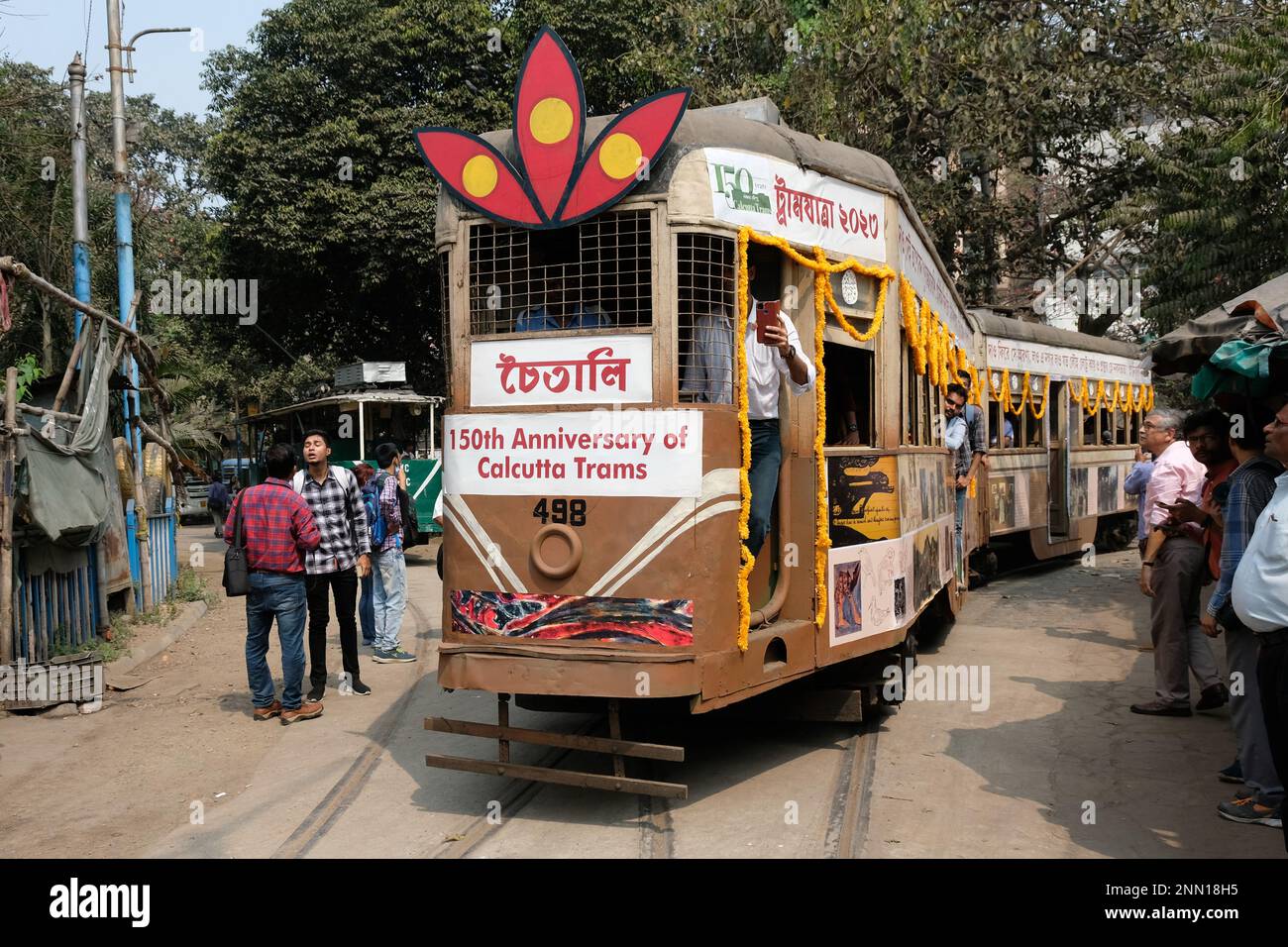 View of a decorated heritage tram in the Esplanade tram depot. Various ...