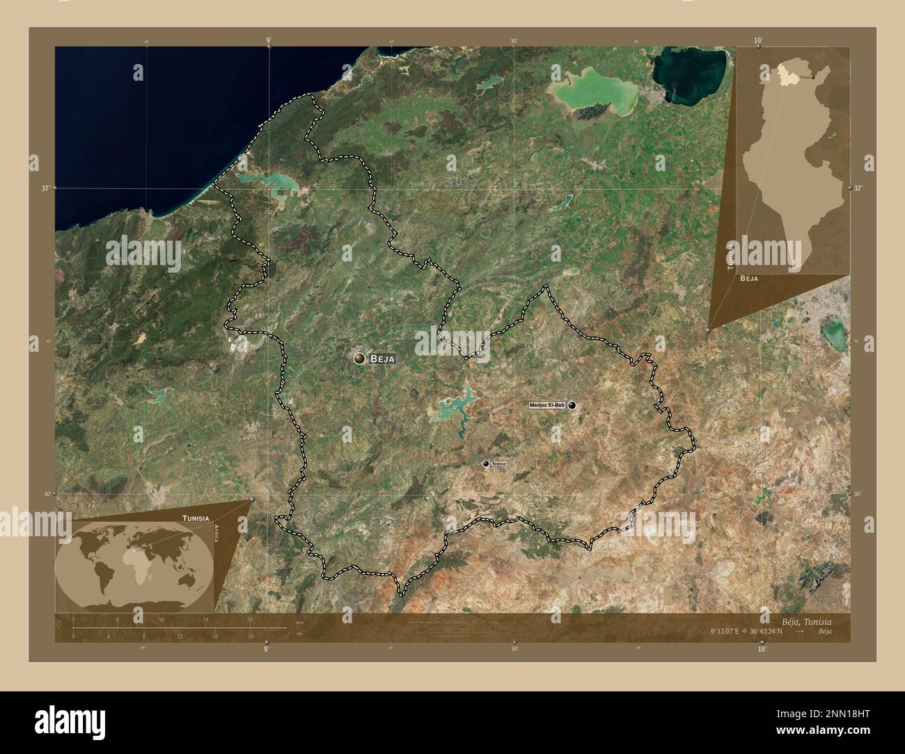 Beja, governorate of Tunisia. Low resolution satellite map. Locations ...