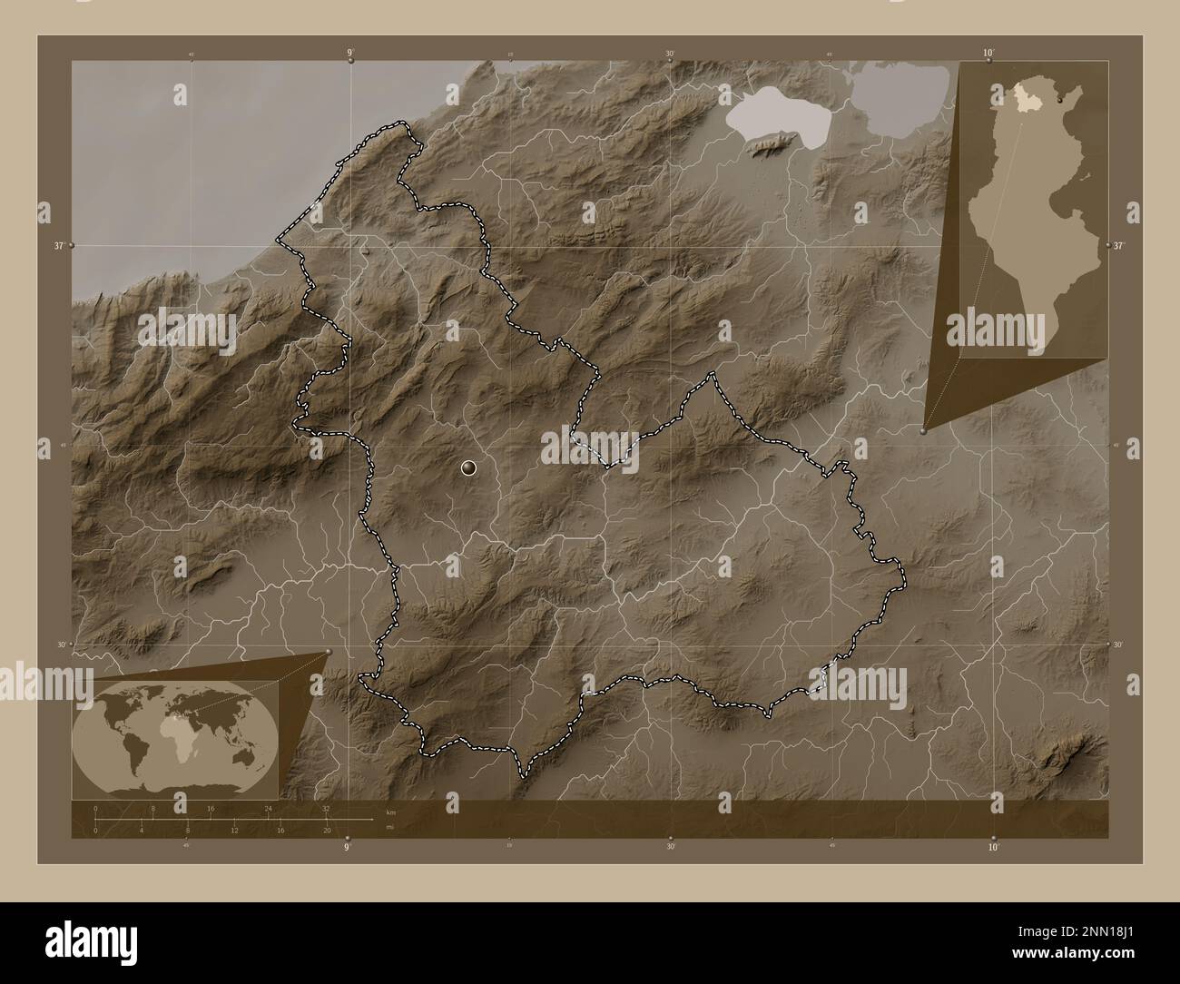 Beja, governorate of Tunisia. Elevation map colored in sepia tones with ...