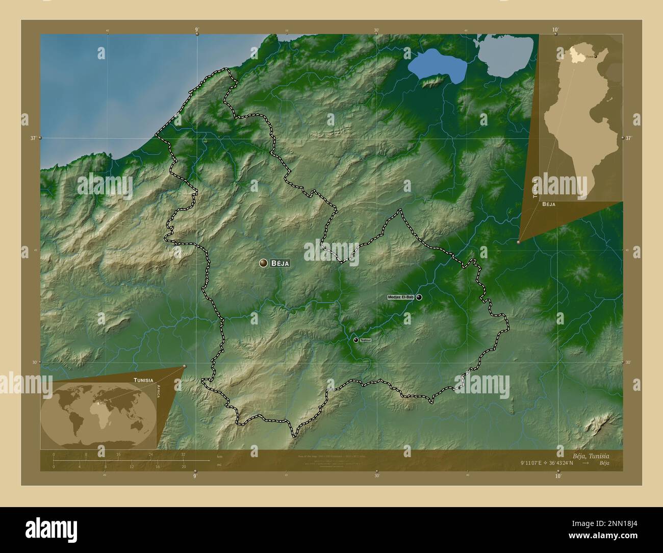 Beja, governorate of Tunisia. Colored elevation map with lakes and ...